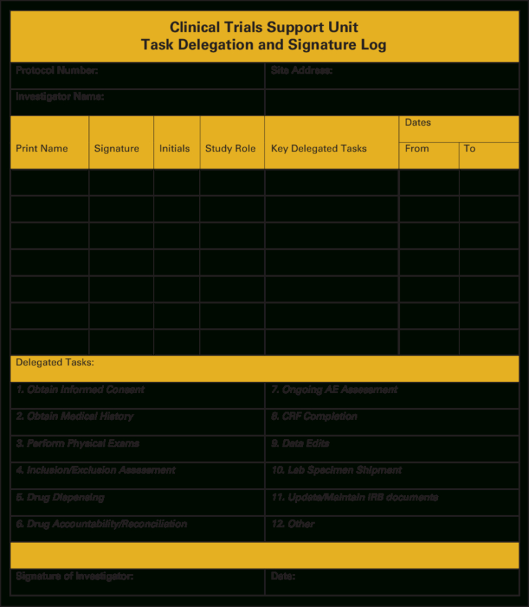 Clinical Trials Support Unit Task Delegation Log. Ae in Case Report ...