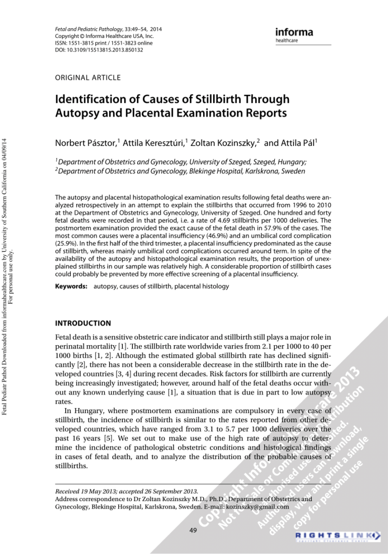 Pdf) Identification Of Causes Of Stillbirth Through Autopsy in Autopsy ...
