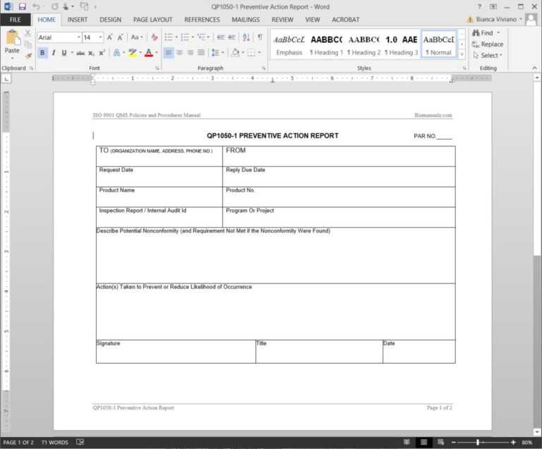 Preventive Action Report Iso Template | Qp1050-1 intended for ...