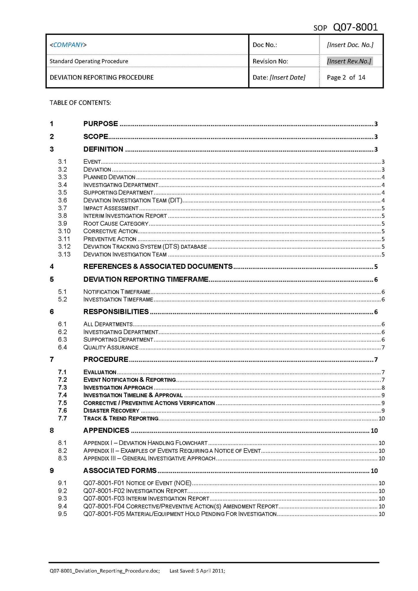 Q07-8001 Deviation Reporting Procedure – Gmp Templates for Deviation ...