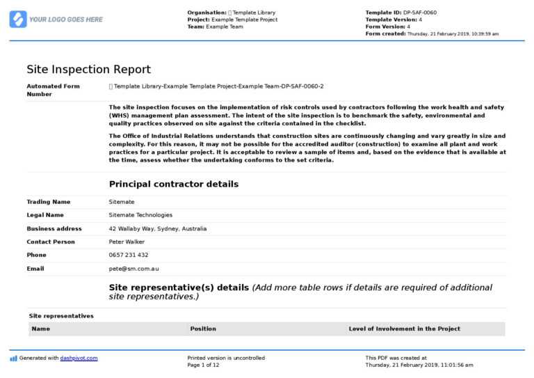 Site Inspection Report: Free Template, Sample And A Proven regarding ...